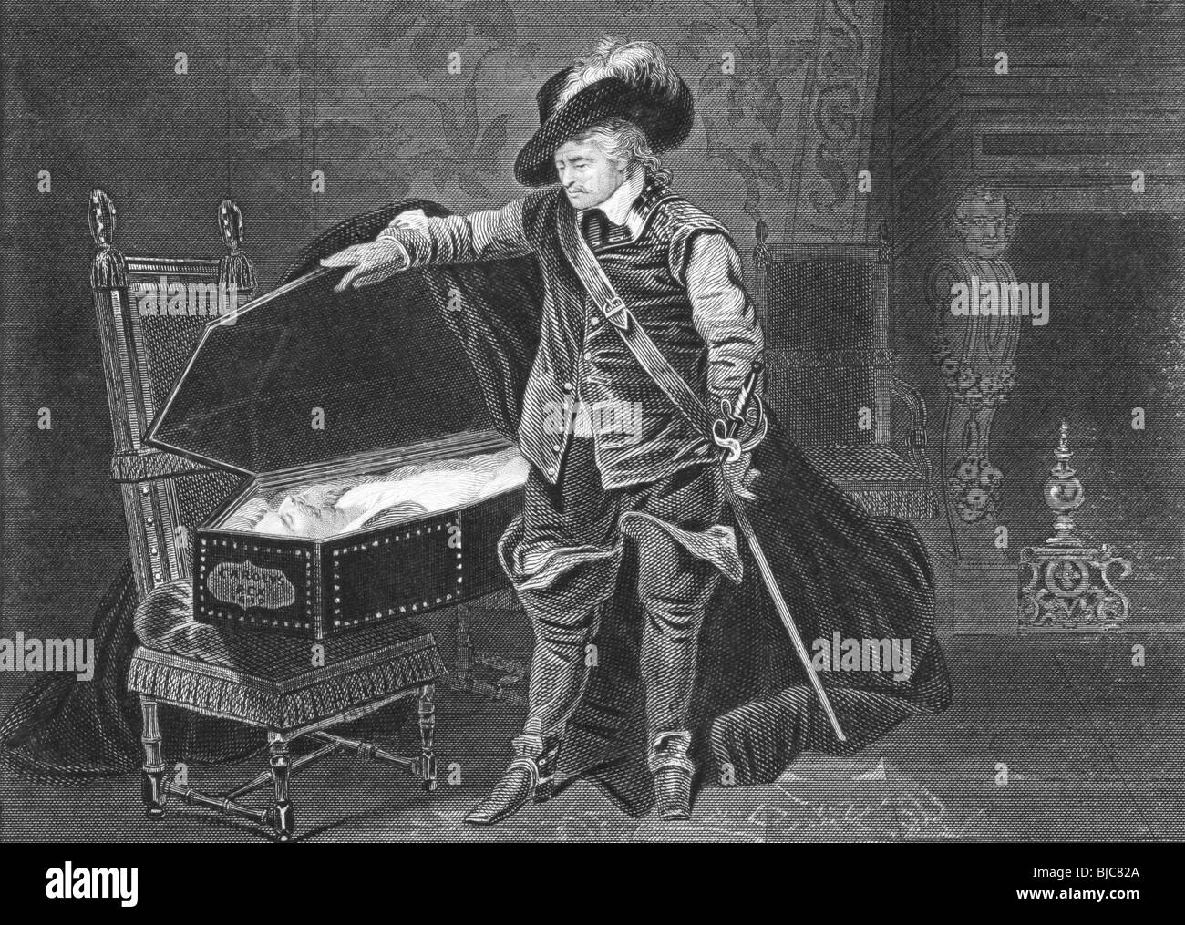 Cromwell viewing the dead body of Charles I on engraving from the 1800s ...