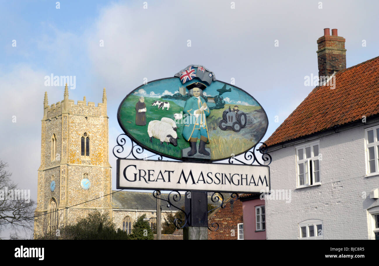Village sign and St Mary's church, Great Massingham, Norfolk Stock ...