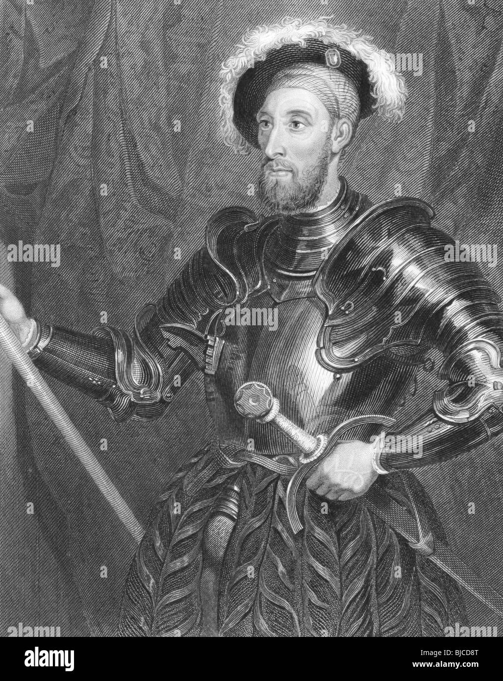 Nicholas Carew (1496-1593) full jousting armour on engraving from the ...