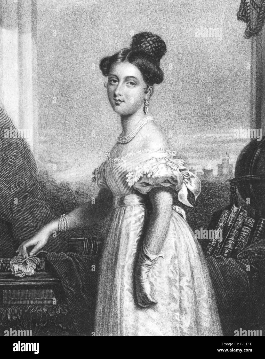 Queen Victoria (1819-1901) at the age of 18 on engraving from the 1800s ...