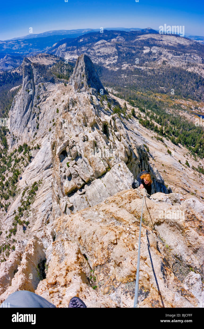 Climber on the classic Matthes Crest traverse, Yosemite National Park ...