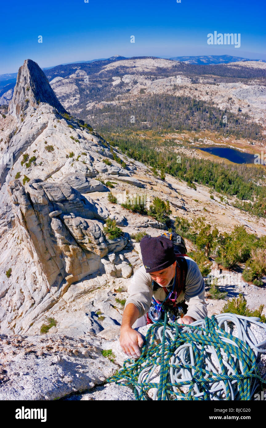 Climber on the classic Matthes Crest traverse, Yosemite National Park ...