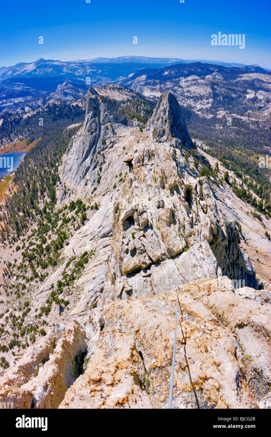 Climber on the classic Matthes Crest traverse, Yosemite National Park ...