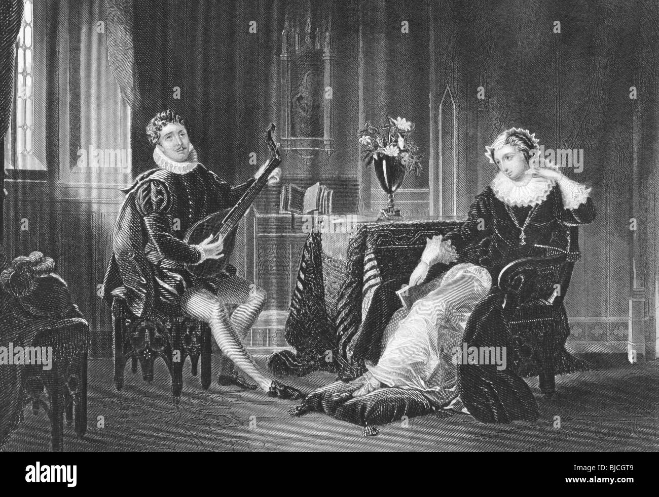 Mary Stuart and Chatelar romance scene on engraving from the 1800s ...