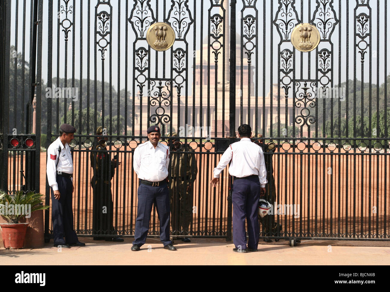 Street scenes in New Delhi- India, guards in front of the president ...