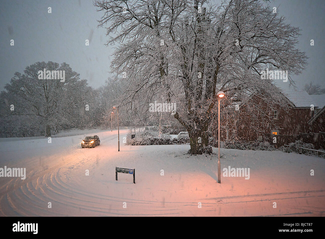 Car with headlights with snow falling under street lights Stock Photo ...