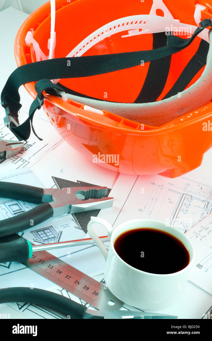 hard hat and working tools Stock Photo - Alamy