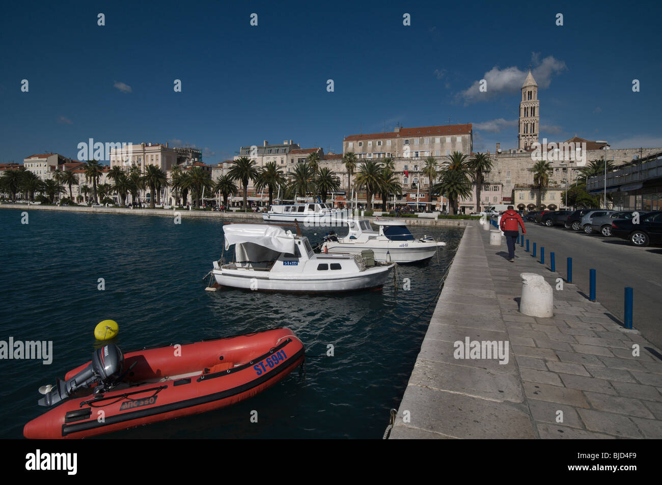 Split harbor harbour boats tower old city walls ,Croatia Dalmation ...
