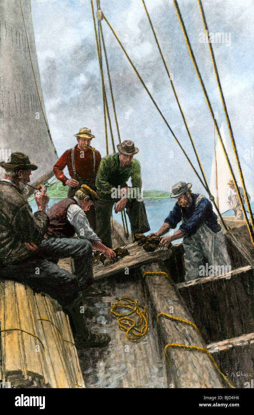 Lobstermen loading their catch from a dory to a sailboat, circa 1900 ...