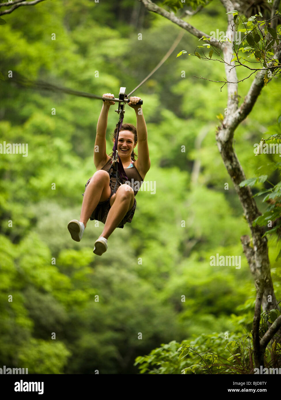 Young woman on a zip line Stock Photo - Alamy