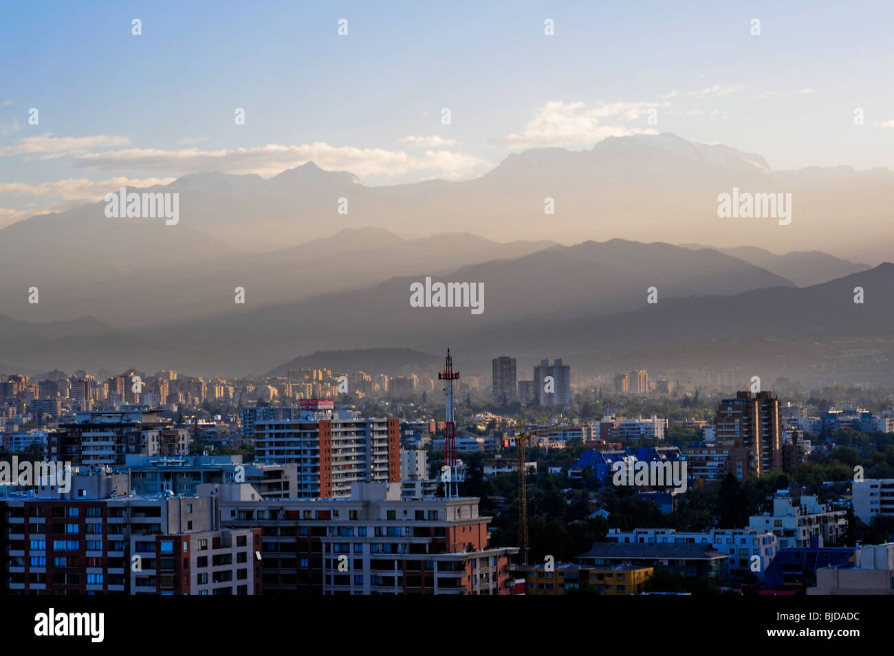Panoramic view over Santiago ,capital city of Chile. Andes Range, Cerro ...