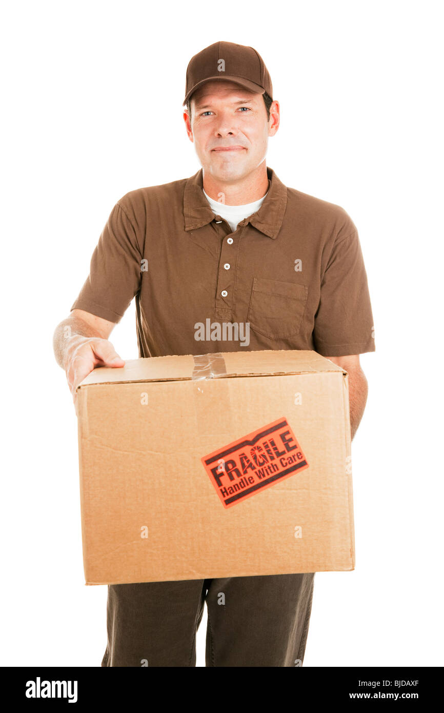 Handsome delivery man carrying a package for you. Isolated on white ...