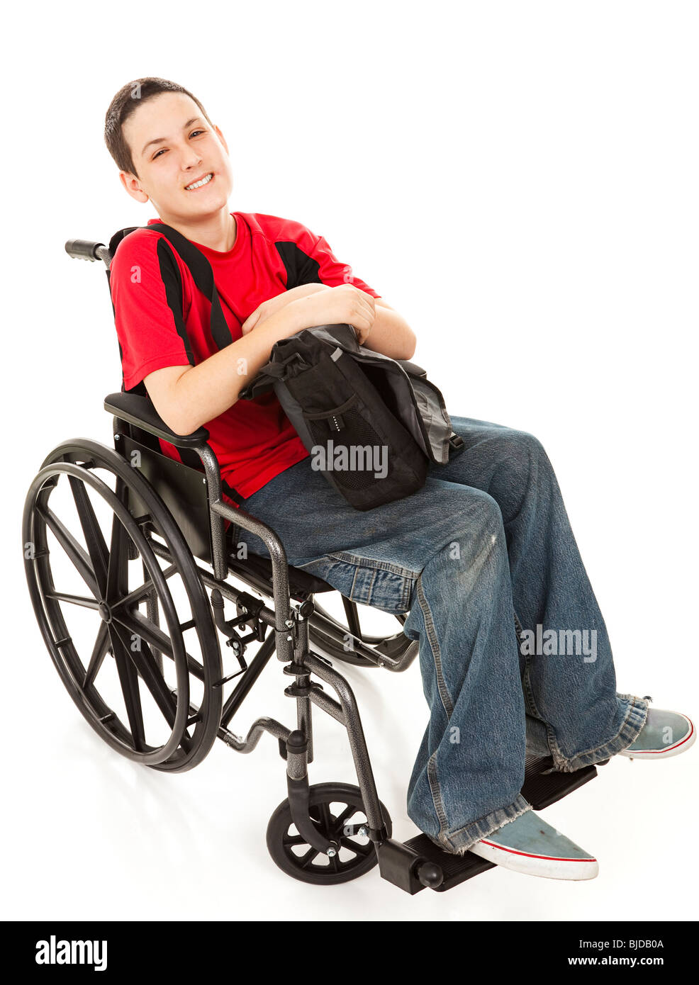 Disabled teen boy in his wheelchair with his backpack. Full body ...