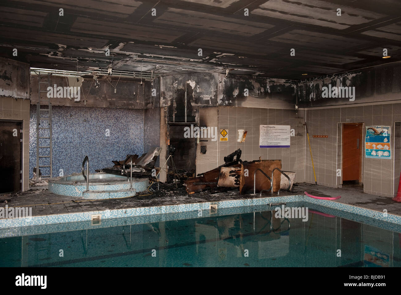 sauna at swimming pool burnt out after fire Stock Photo - Alamy