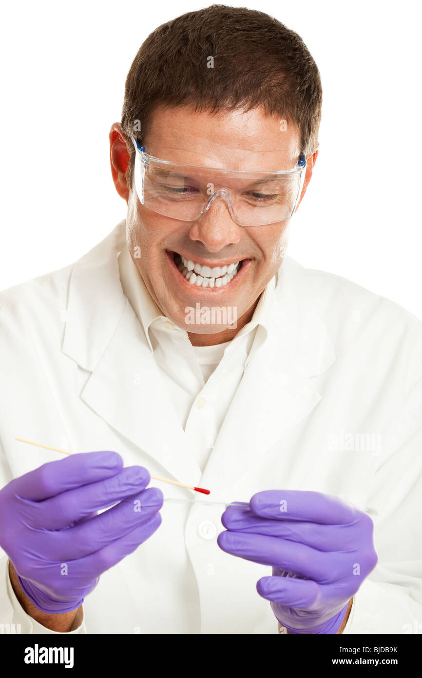 Mad scientist laughing and preparing a slide with a blood sample Stock ...