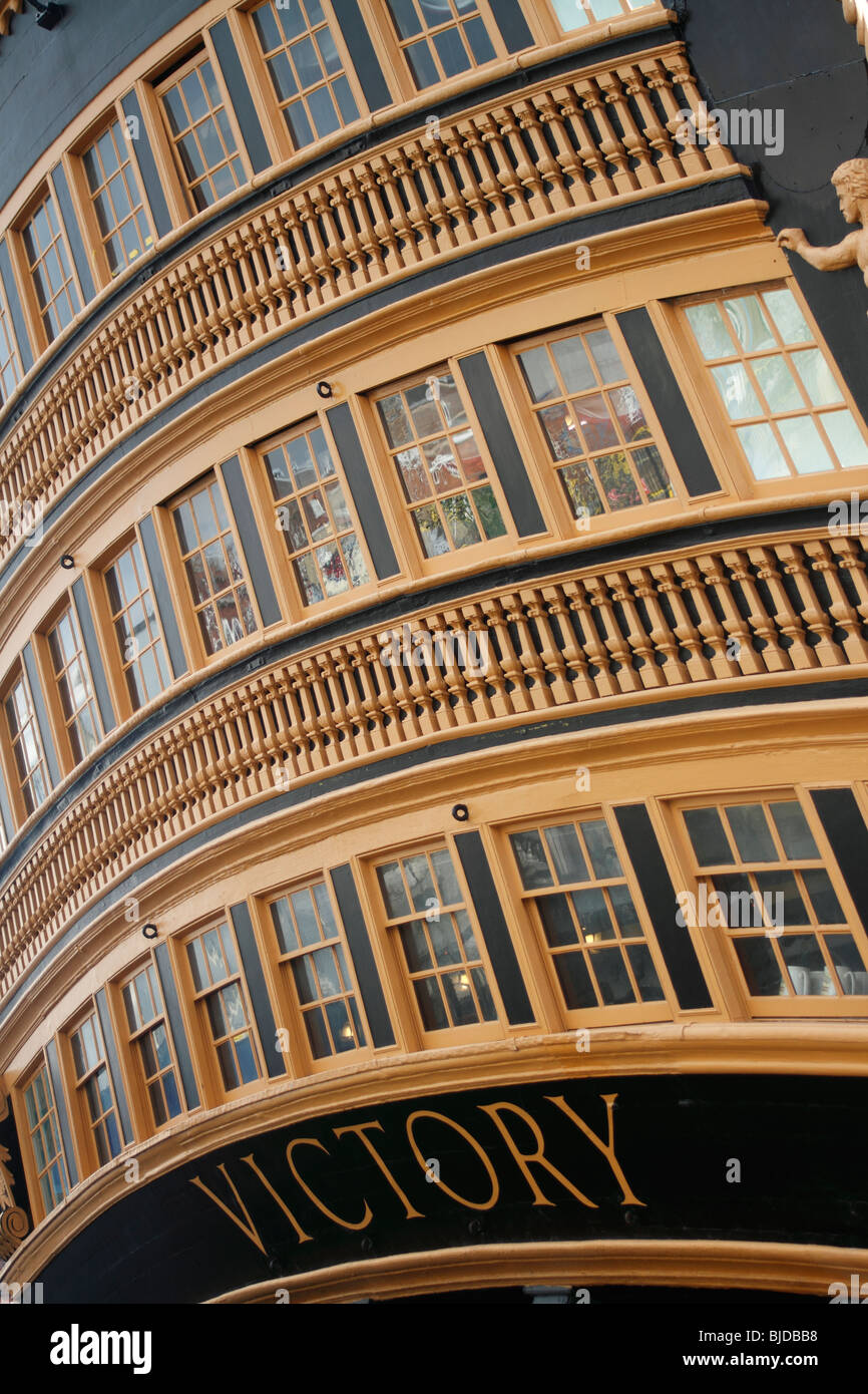 The stern windows of HMS Victory at the Portsmouth Historic Dockyard ...