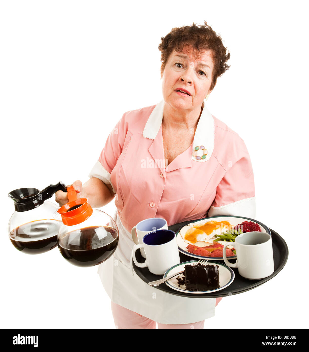 Tired, overworked waitress trying to carry too many things. Isolated on ...