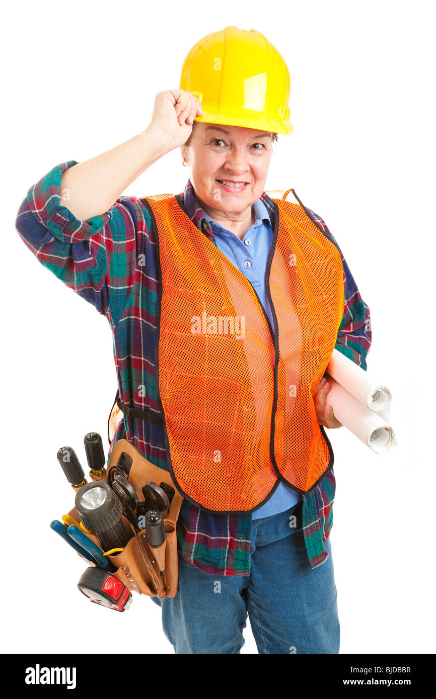 Polite female construction worker tips her hat. Isolated on white Stock ...