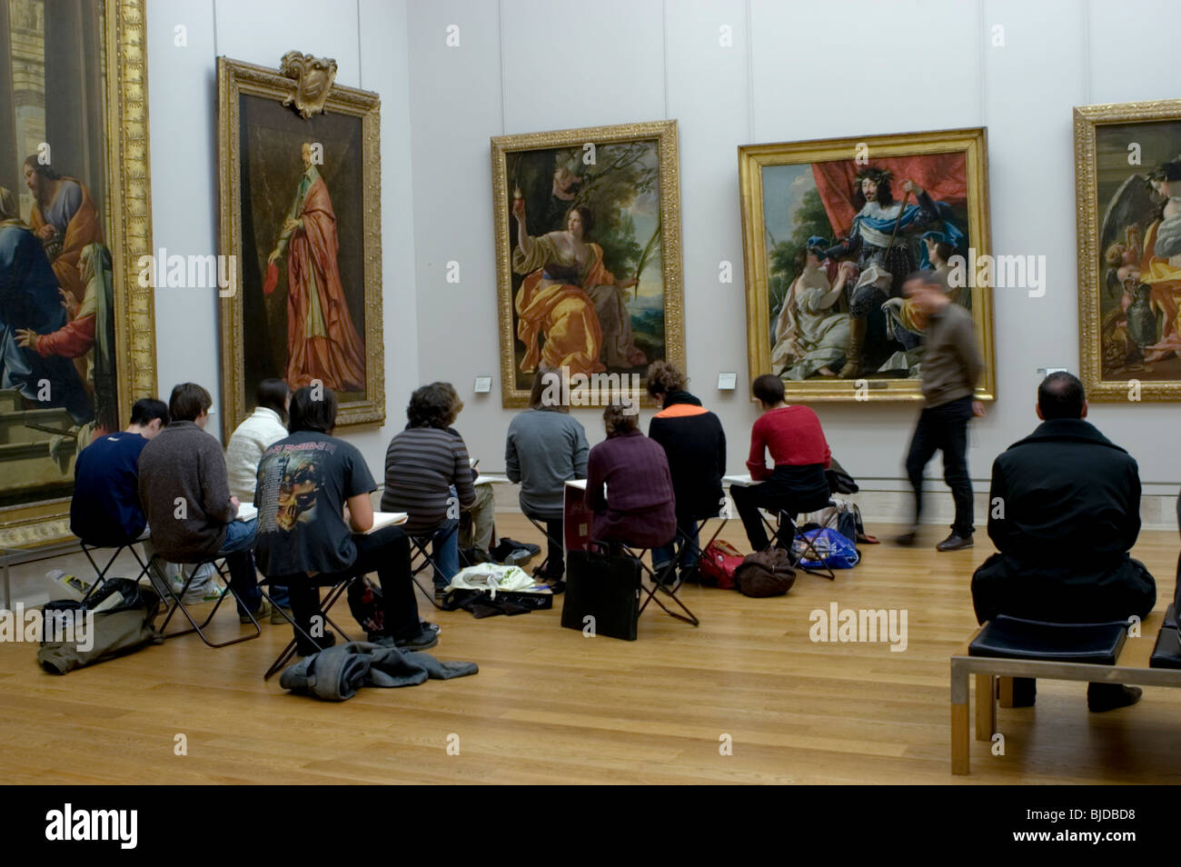 Paris, France, Large Group People, students sitting from behind museum ...