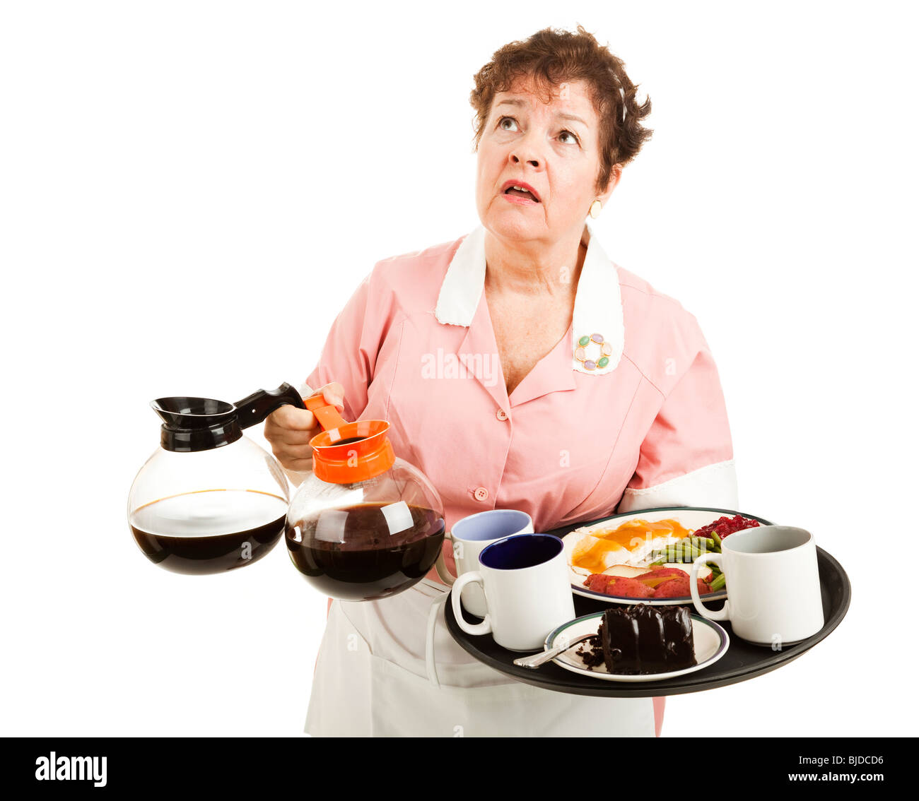 Busy overworked waitress carrying her tray and coffee pots. Isolated on ...