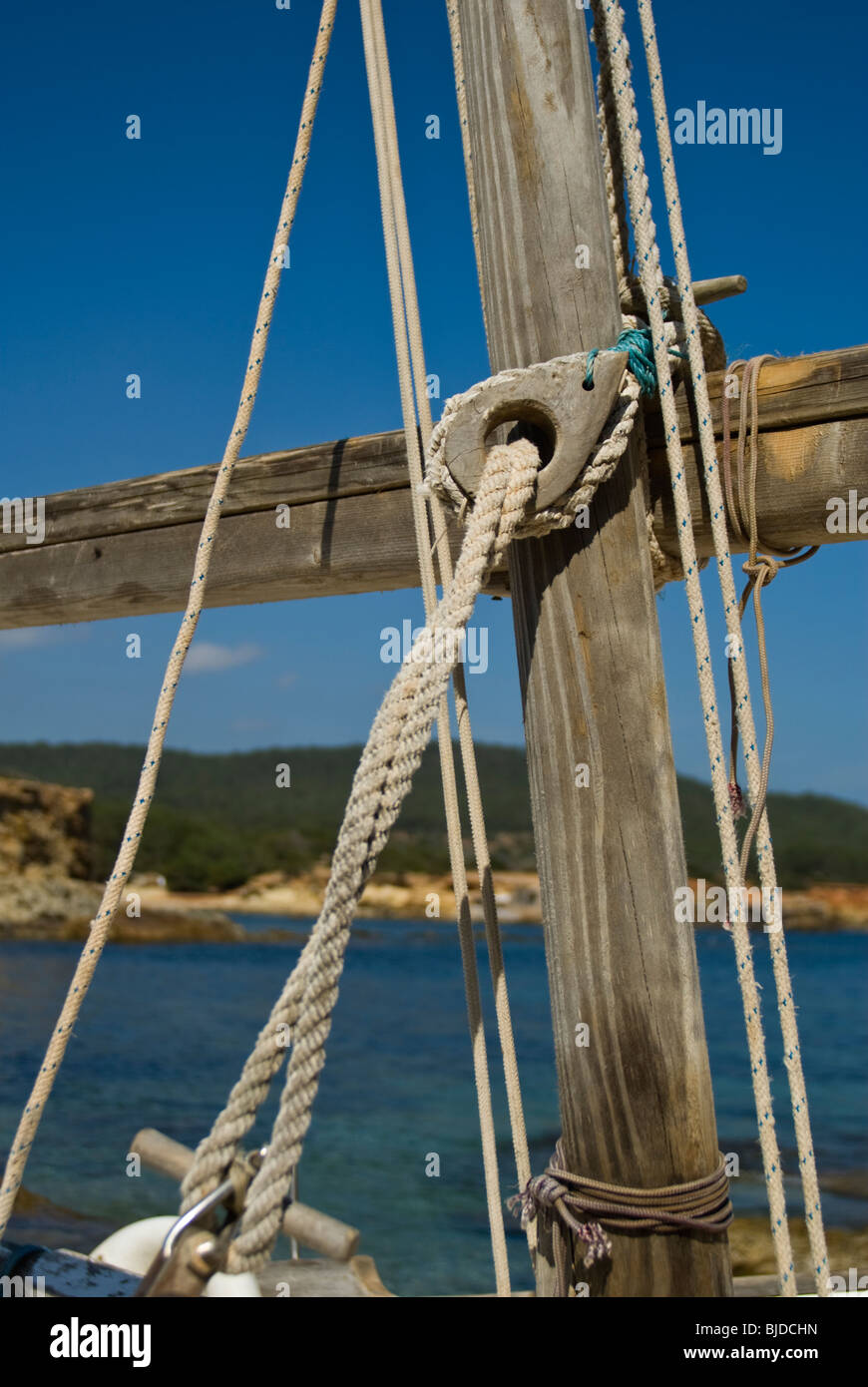 Detail view of riging of a "Llaut", ibizan traditional fishing boat ...