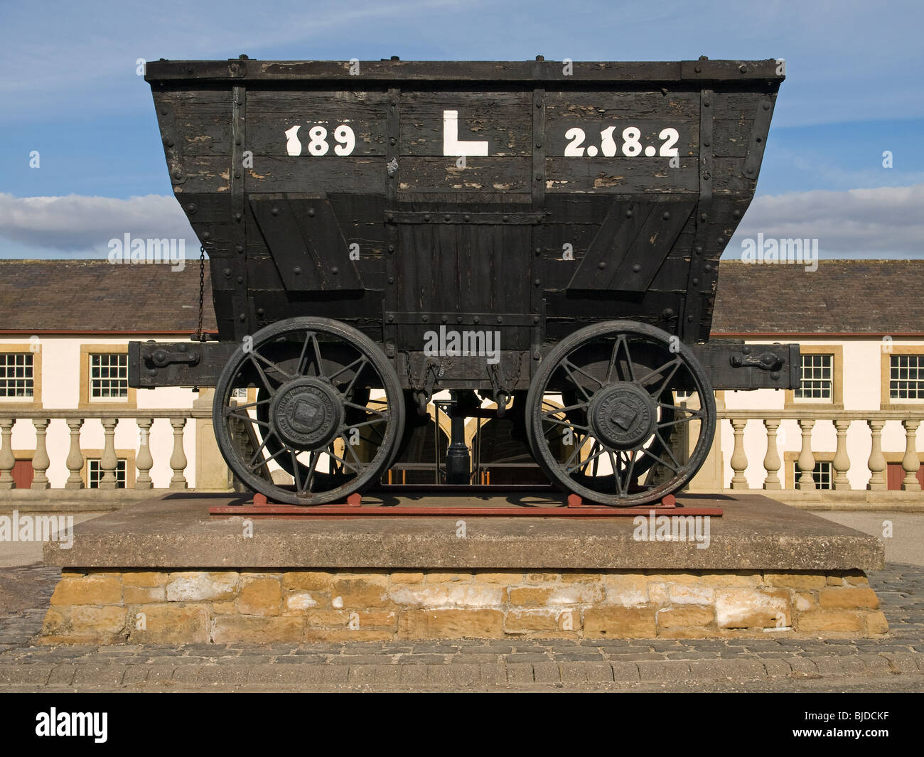 Coal wagon at the entrance to Beamish Open Air Museum County Durham ...