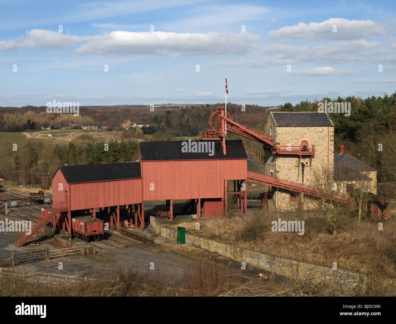 Reconstructed colliery pit buildings at Beamish Open Air Museum County ...
