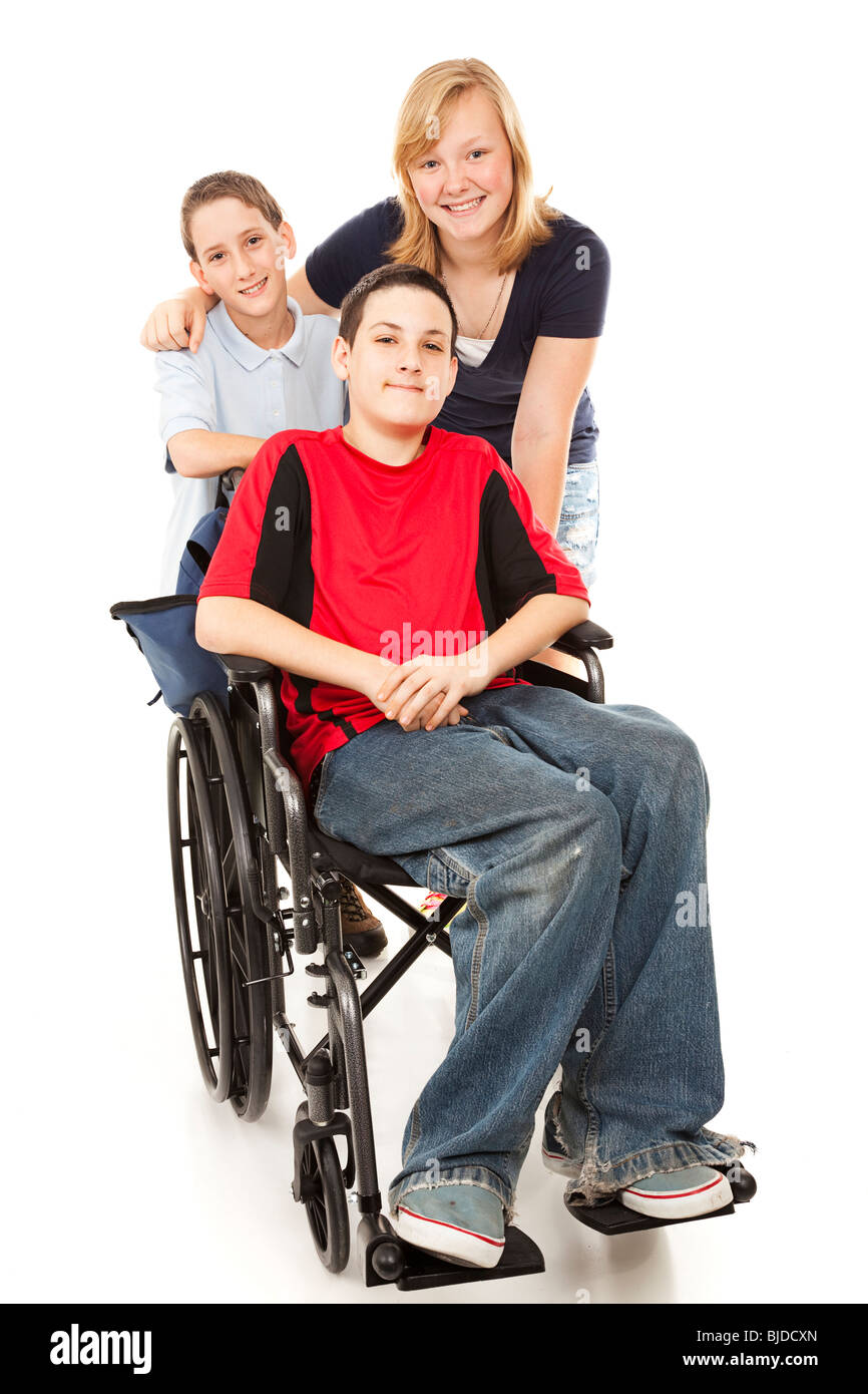 Group of kids with one adolescent boy in a wheelchair. Full body ...