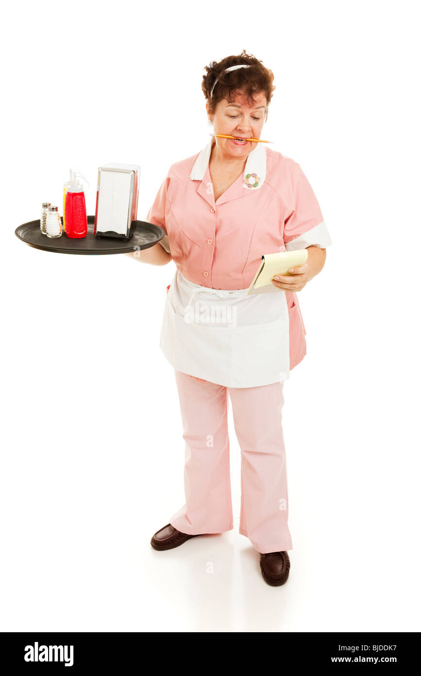 A waitress starting her shift, reading notes on her pad. Full body ...