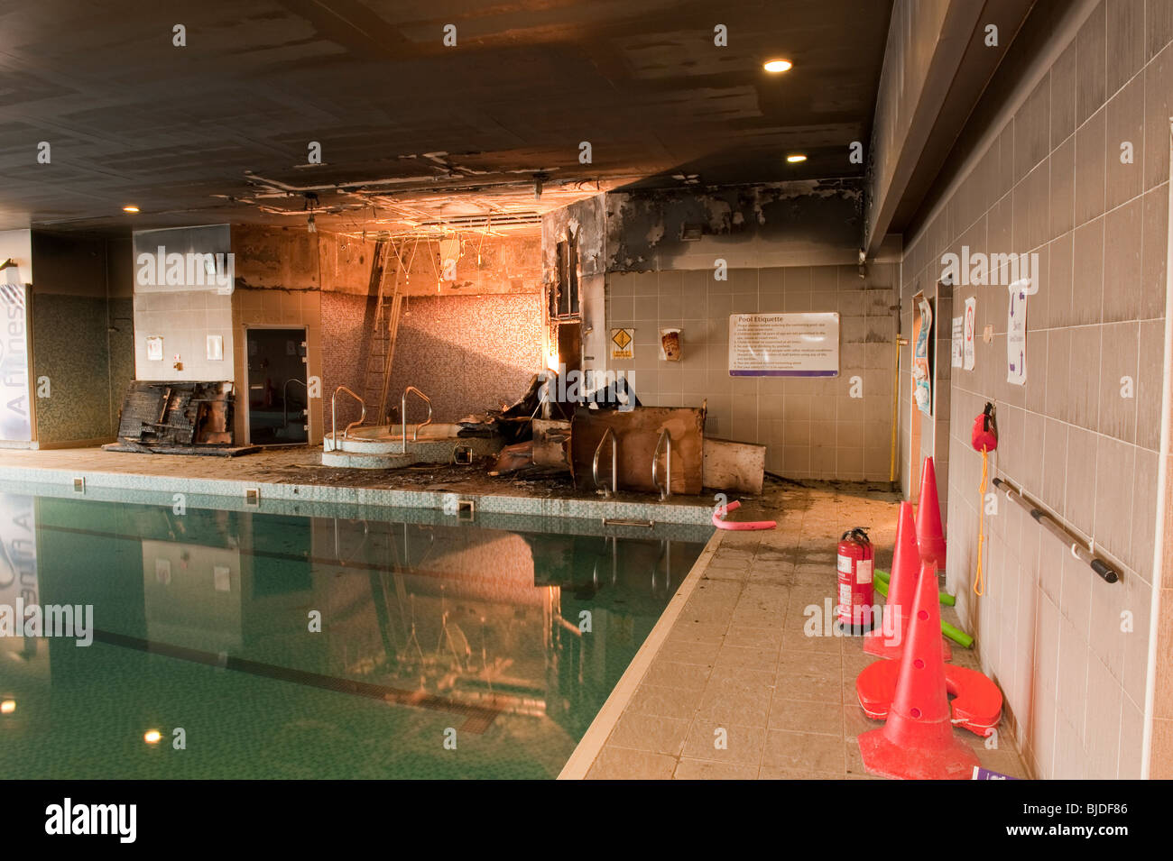 sauna at swimming pool burnt out after fire Stock Photo - Alamy