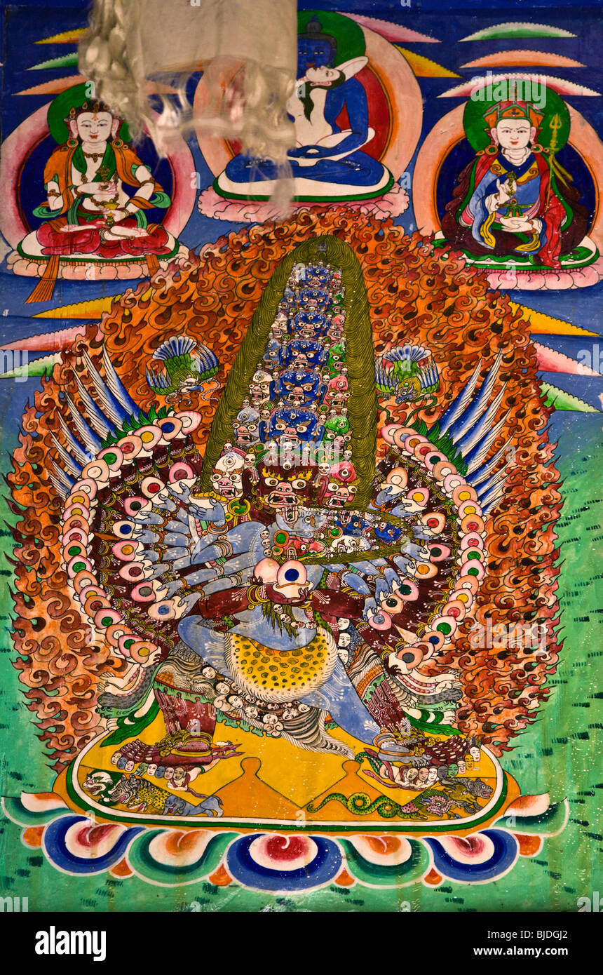 Painting of a tantric TIBETAN BUDDHIST DEITY of multi headed MAHANKALA ...