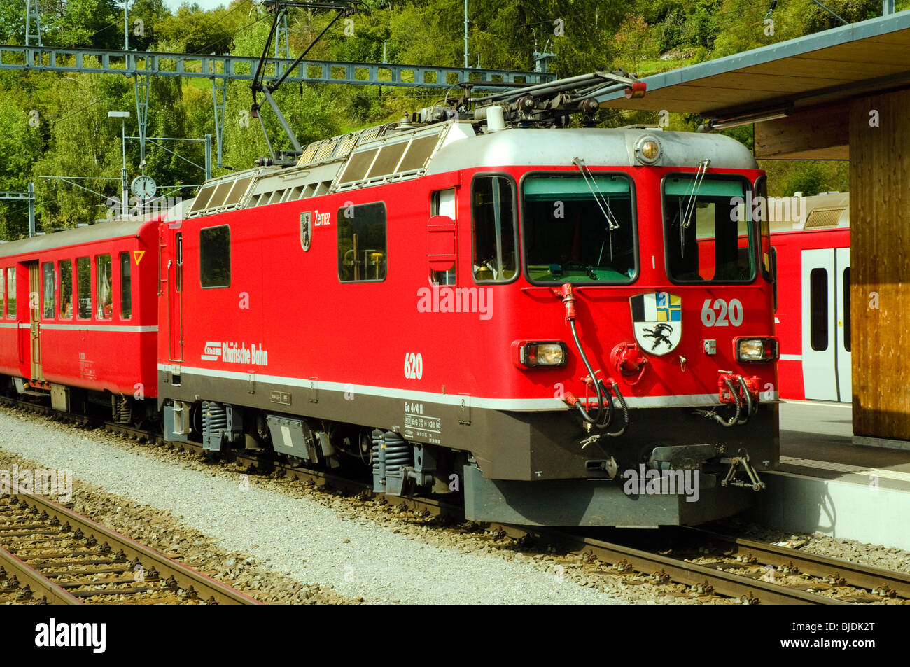 Rhaetian Railway train at Filisur in the canton Graubunden, Switzerland ...