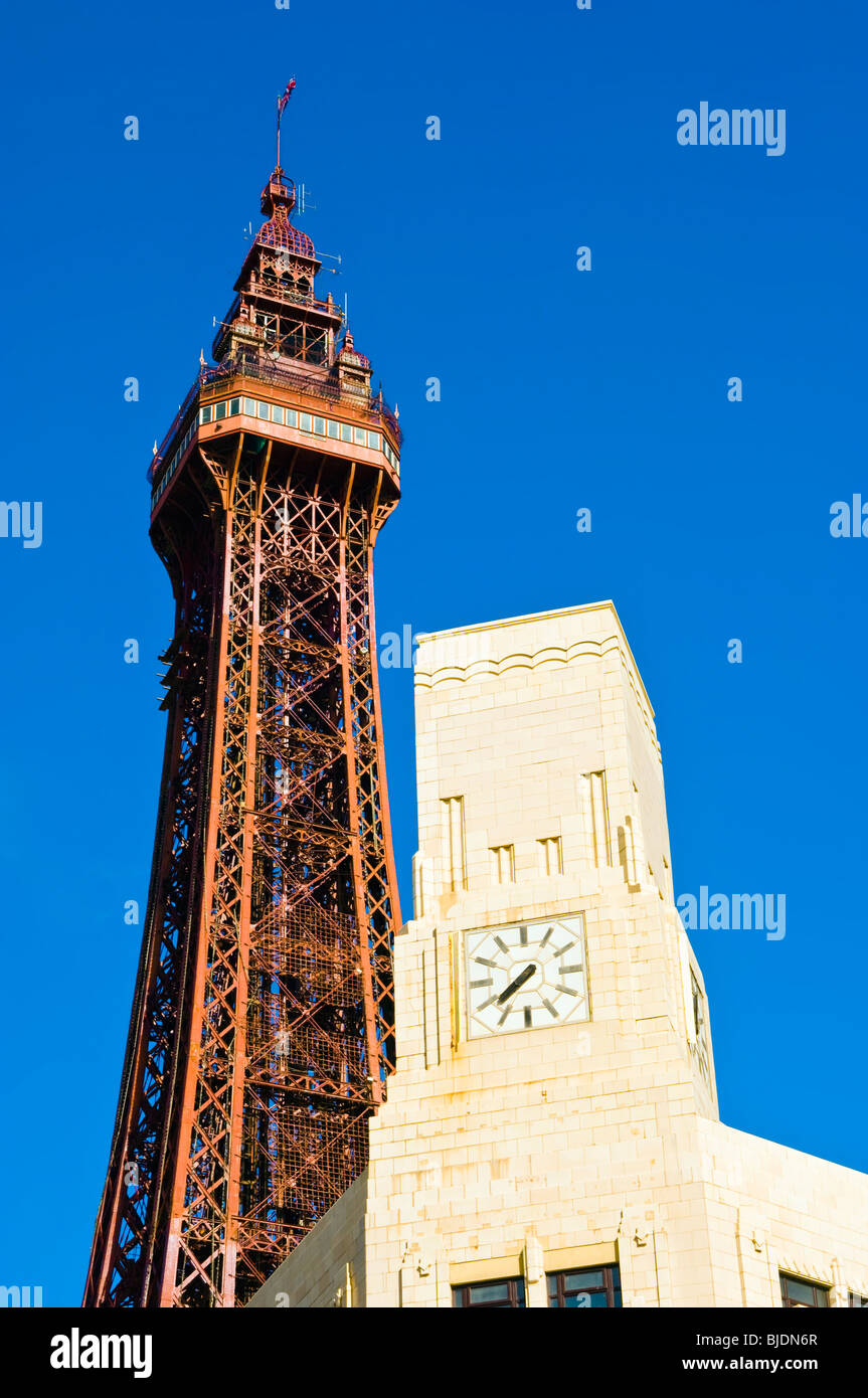 Blackpool Tower and Art Deco clock tower of adjoining building Stock ...