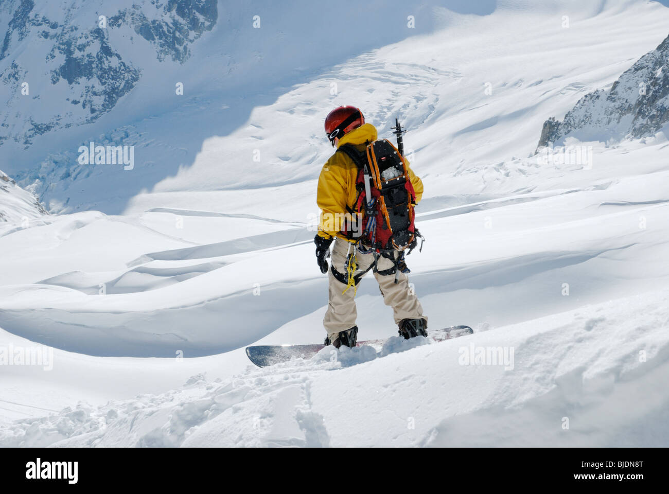 Snowboarding on 'Vallee Blanche' glacial high mountain region, Chamonix ...
