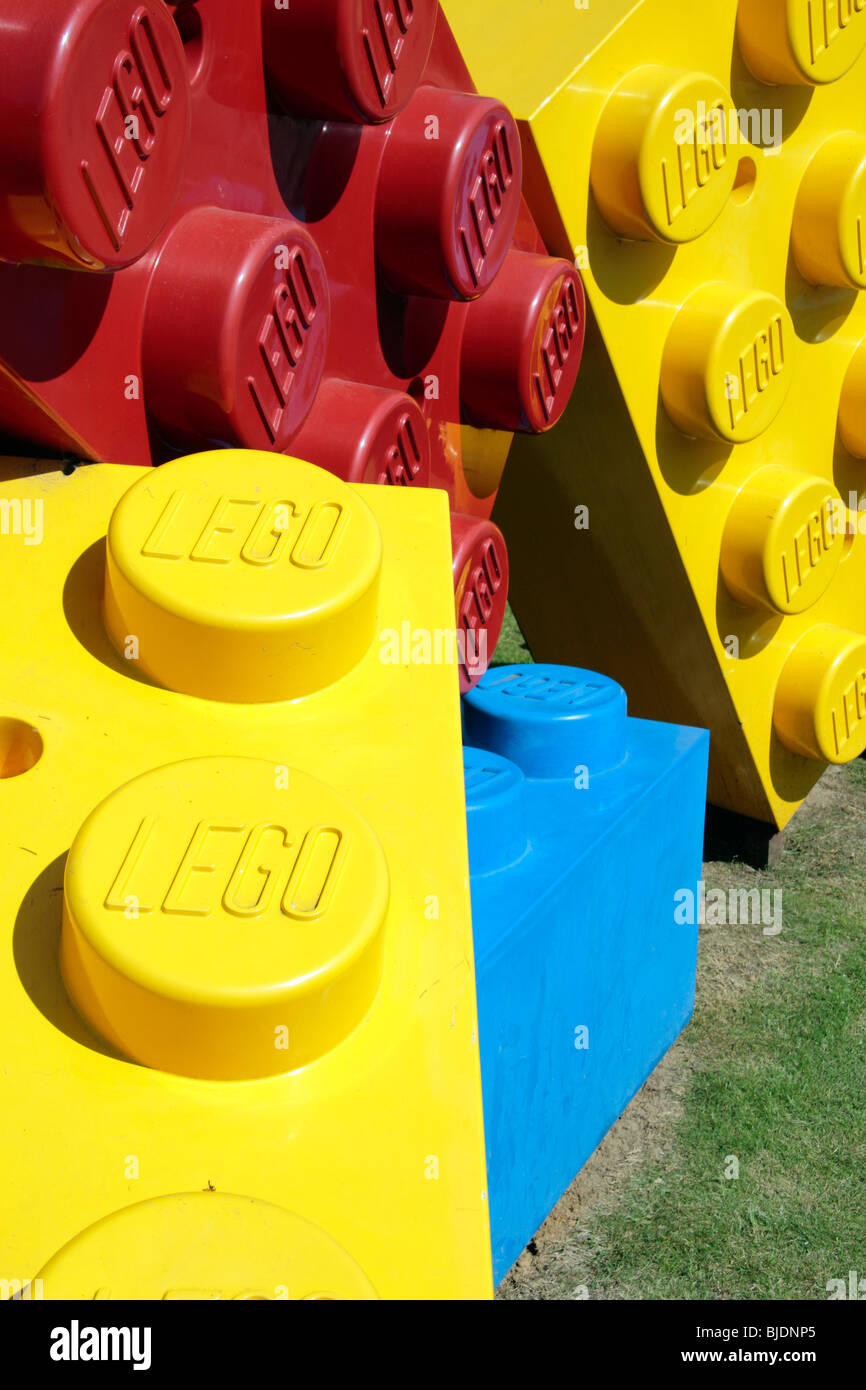Close up of the Lego branding on giant red, yellow & blue Lego blocks ...