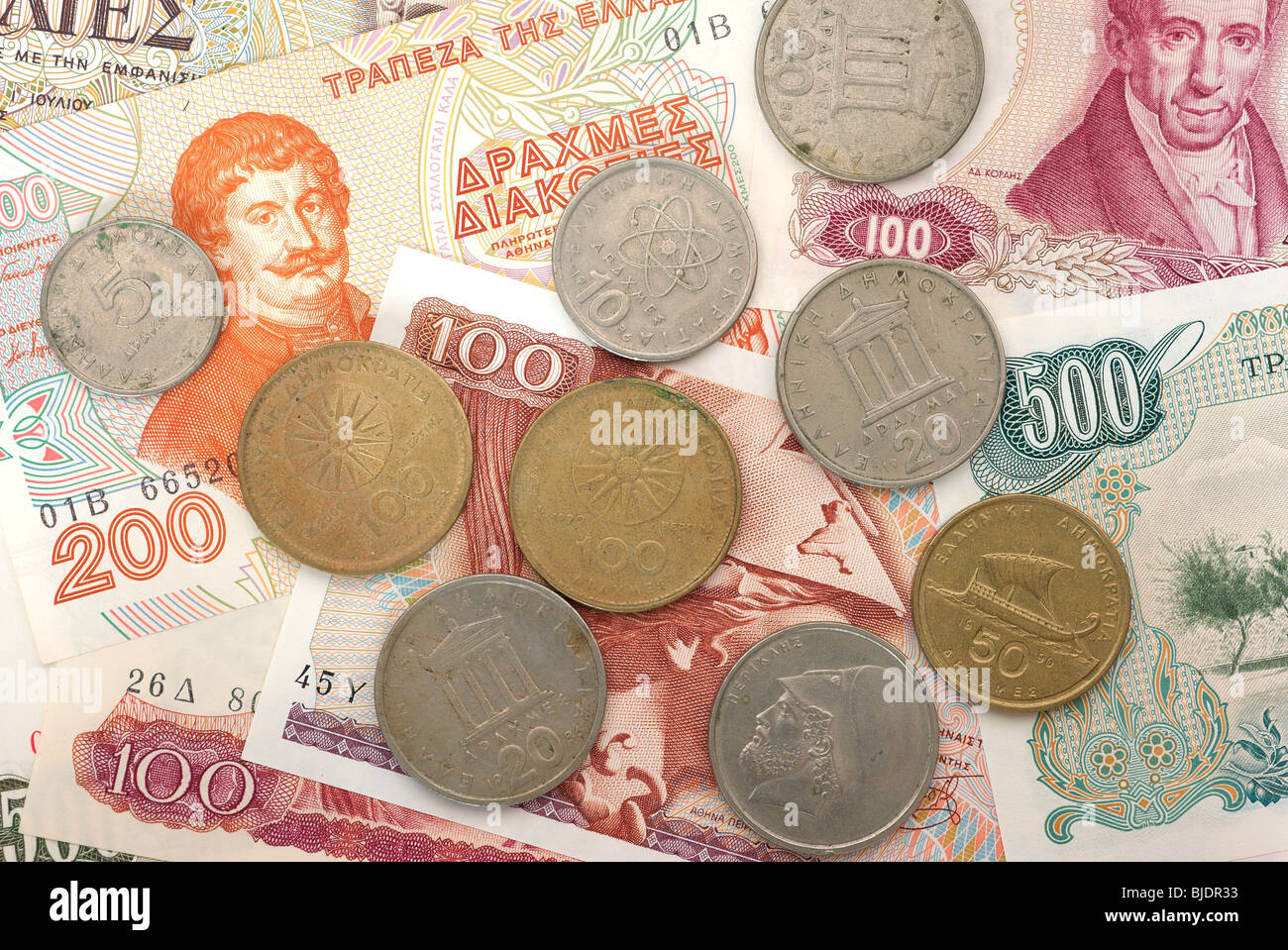 Pre-Euro Greek Drachma bank notes and coins Stock Photo - Alamy