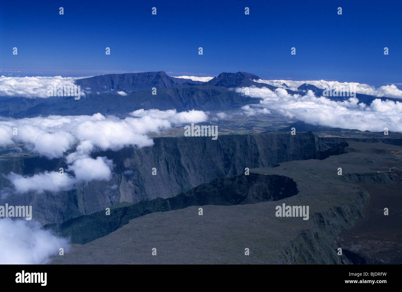 Aerial view of volcanic landscape. Reunion island, French department ...