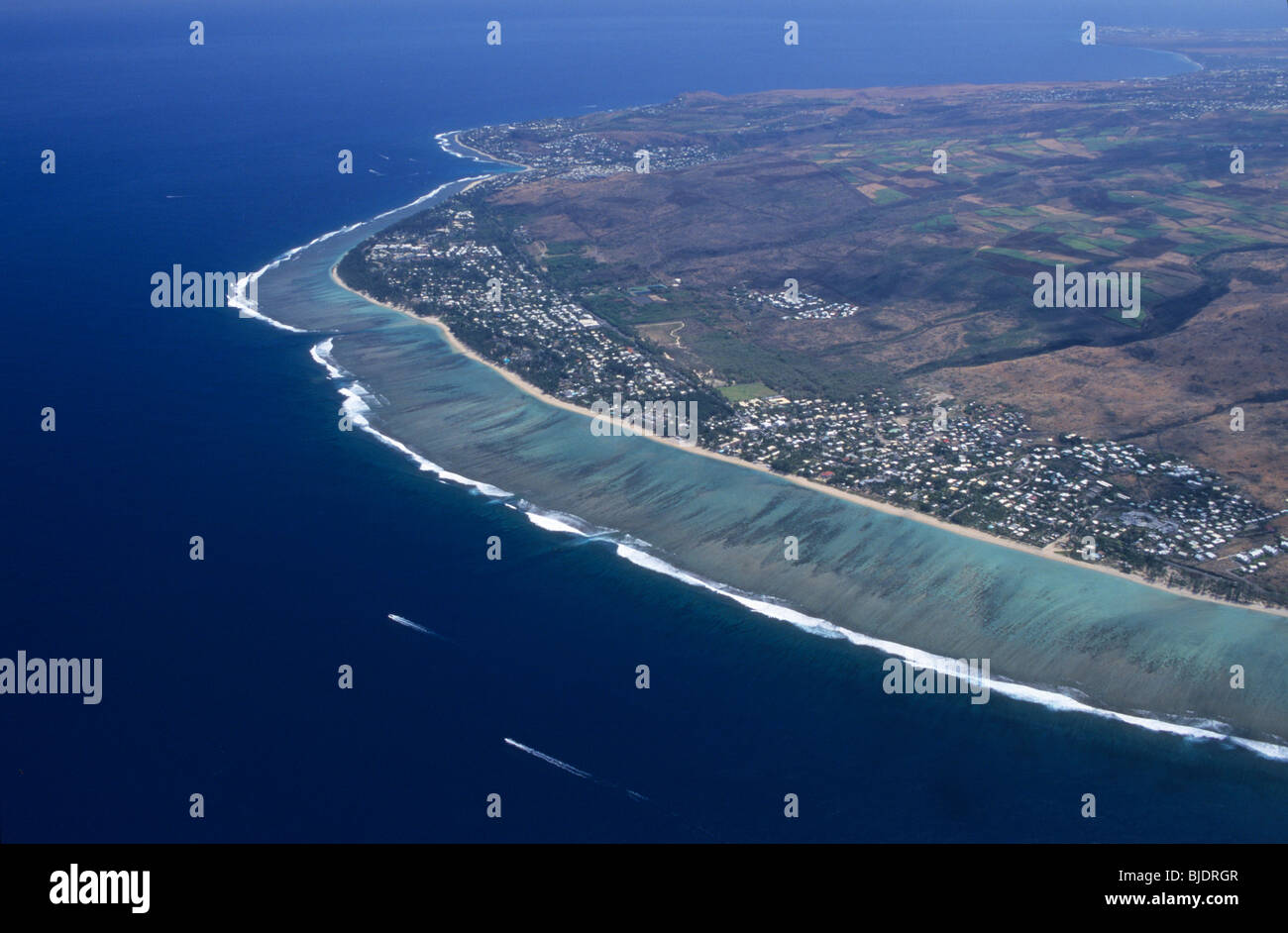 Aerial view of the western blue lagoon of Reunion island, Indian Ocean ...