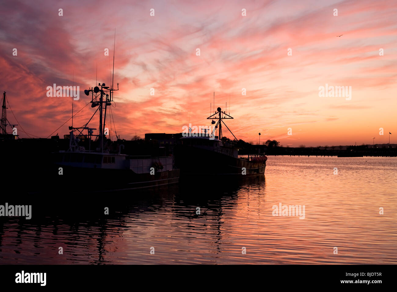 Sunset across the public fishing boat dock in Newport harbor, Rhode ...