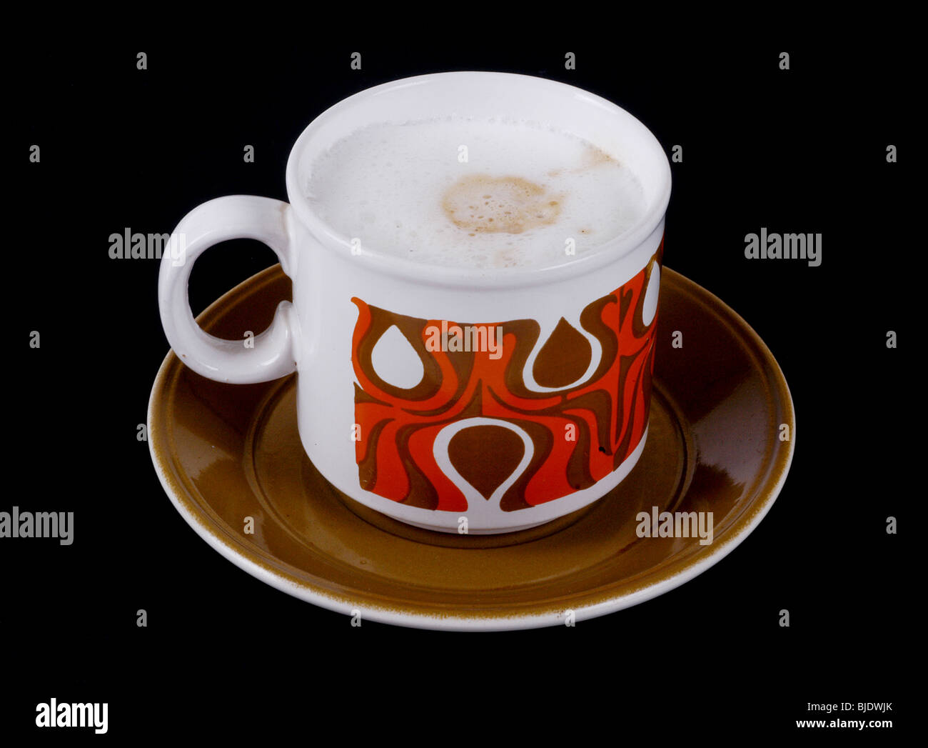 Cappuccino Cup of Coffee 1970s floral Cup / Black background Stock ...