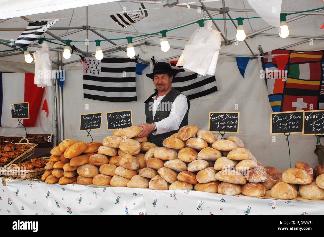Bread seller at Continental food market on Fargate Sheffield Stock ...