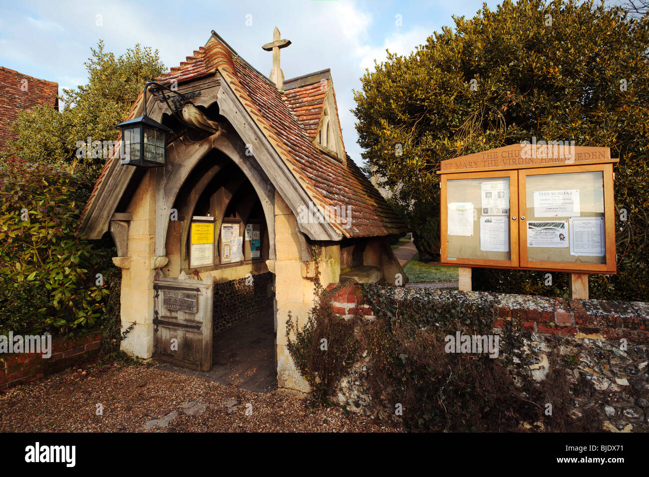 Hambleden Village Church porch and noticeboard Buckinghamshire England ...