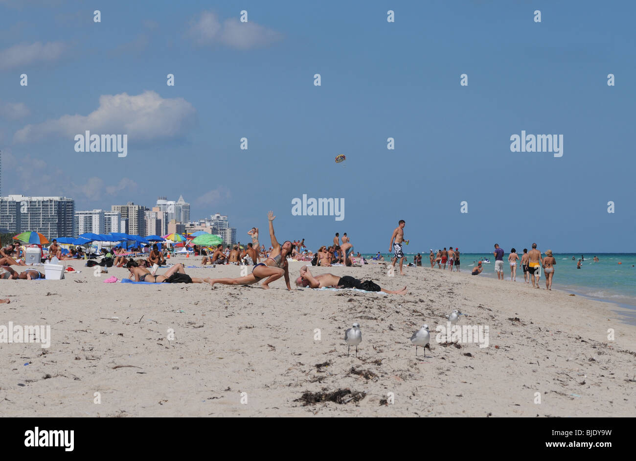 A woman practices yoga, while others enyoy, the sun sand and warm ocean ...