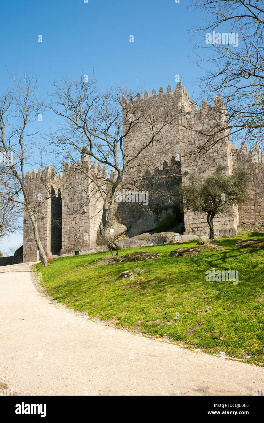 Old medieval stone castle in Guimaras, Portugal, with park and against ...