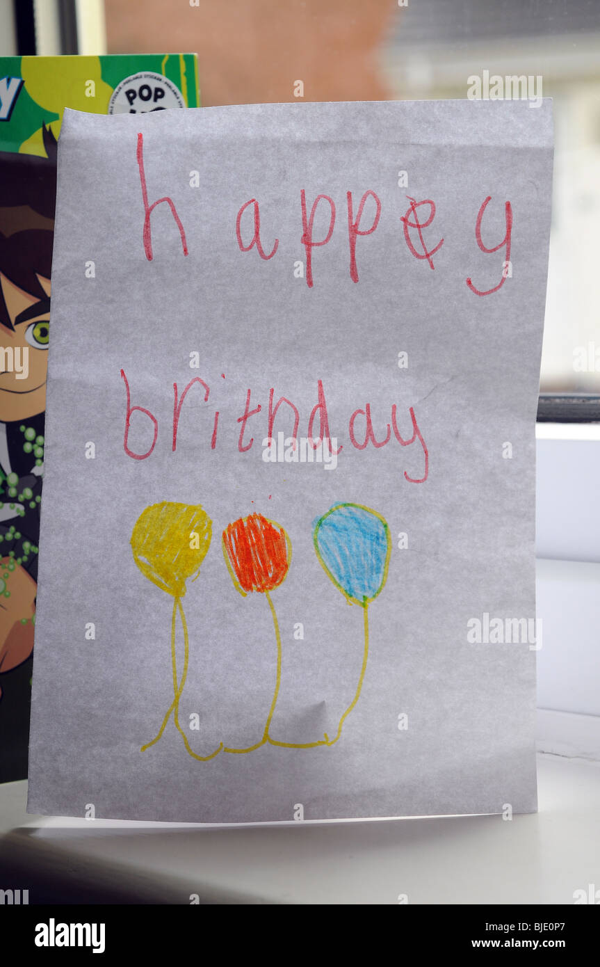 Happy Birthday card written by a child Stock Photo - Alamy