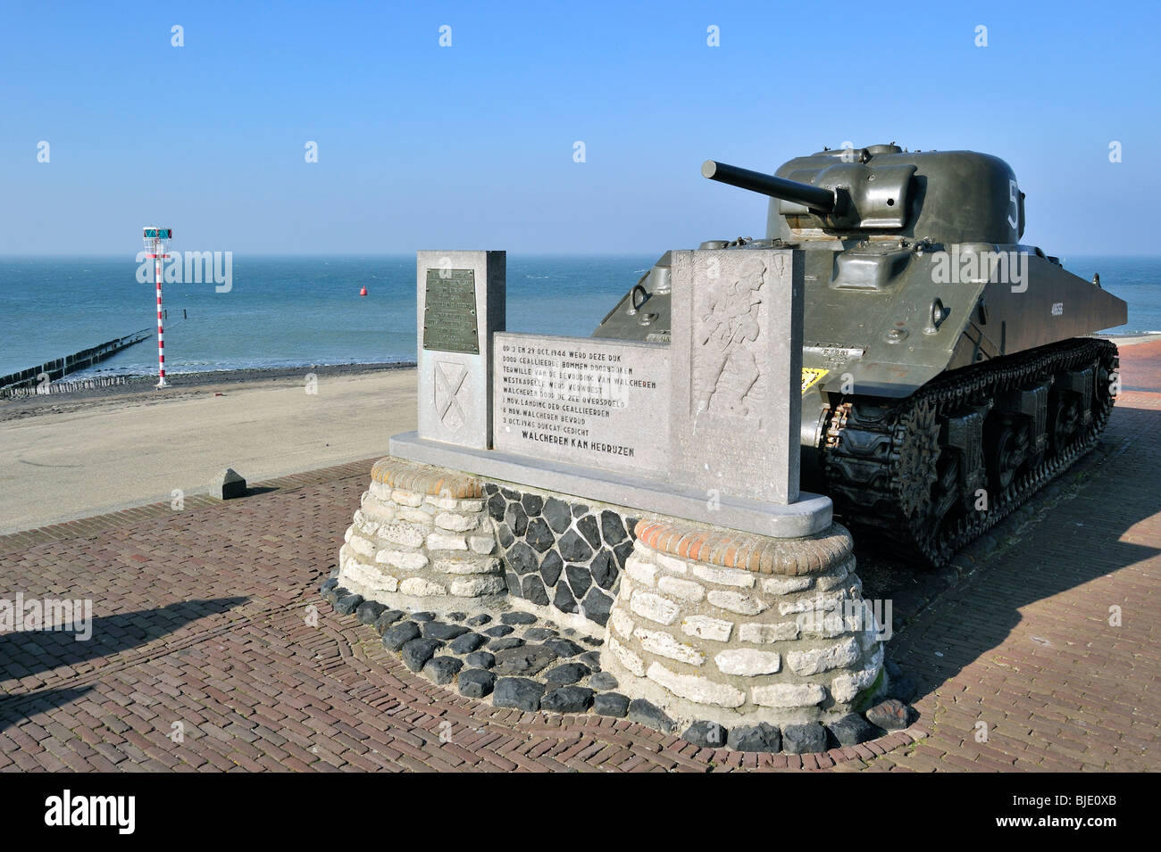 Second World War Two Sherman M4A4 tank at the dike / dyke at ...