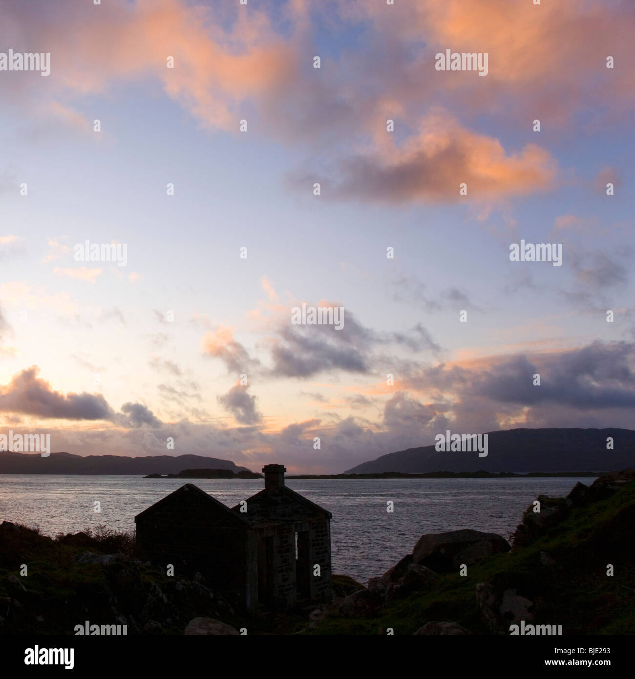 Aird, Argyll and Bute, Scotland. Silhouette of ruined house on the ...