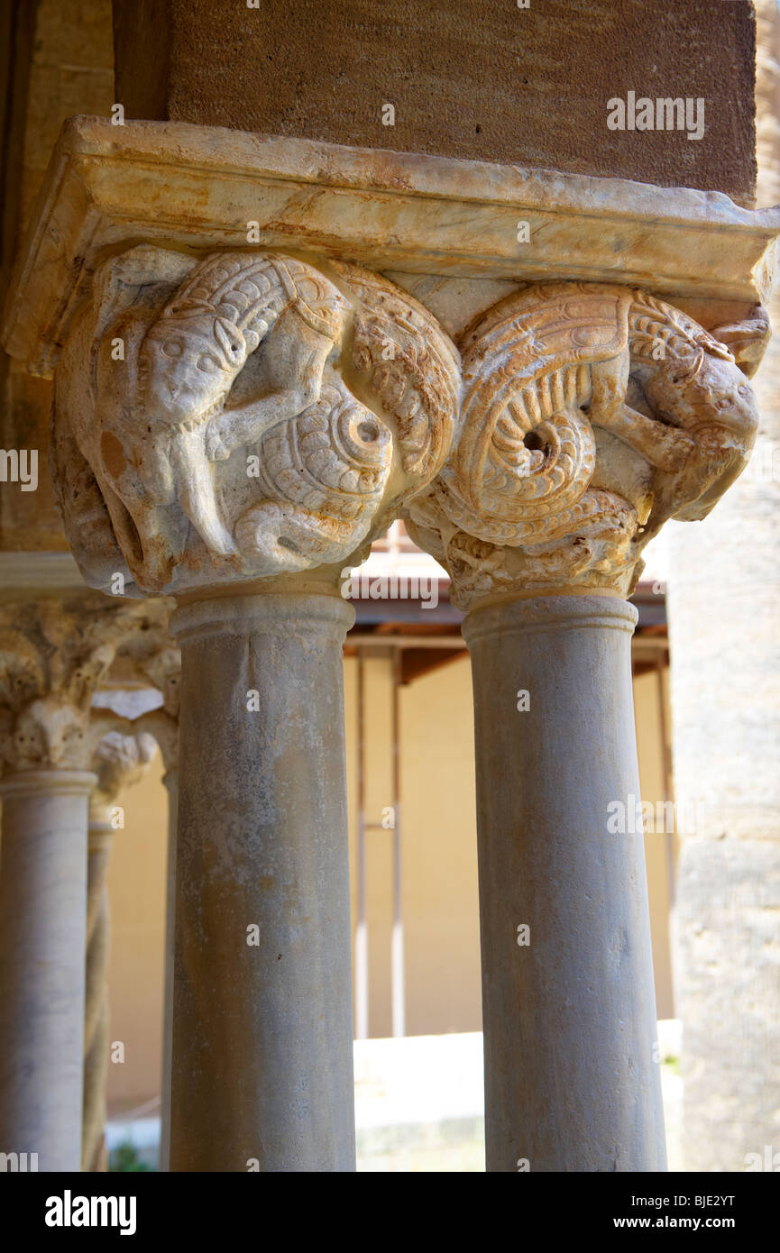 Medieval cloister column capitals of the Cathedral, Duomo of Cefalu ...