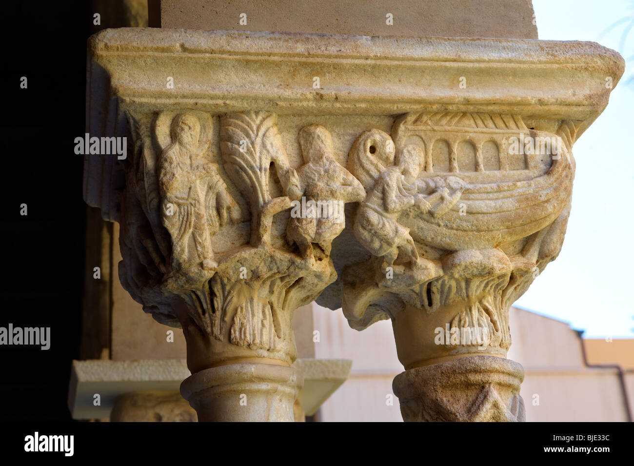 Medieval cloister column capitals of the Cathedral, Duomo of Cefalu ...