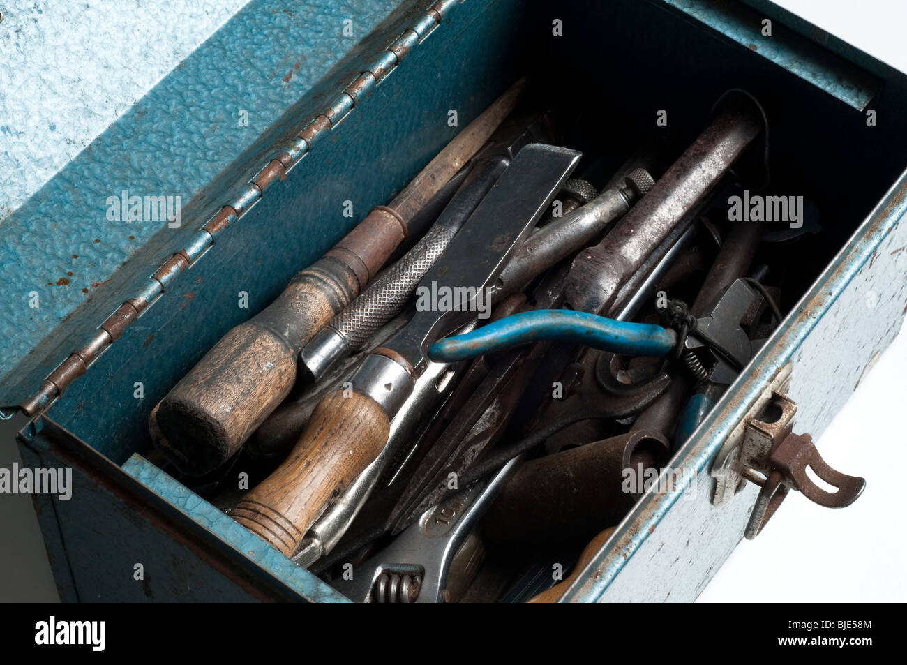 open metal steel blue tool box Stock Photo - Alamy